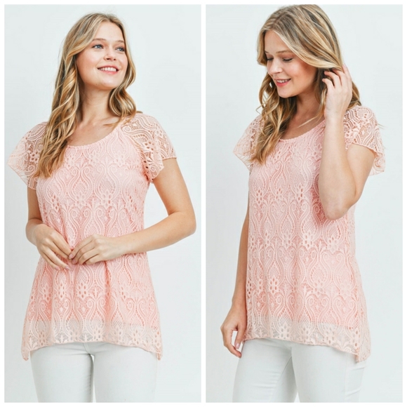 Tops | Flutter Sleeve Lace Overlay Tunic Top Peach | Poshmark